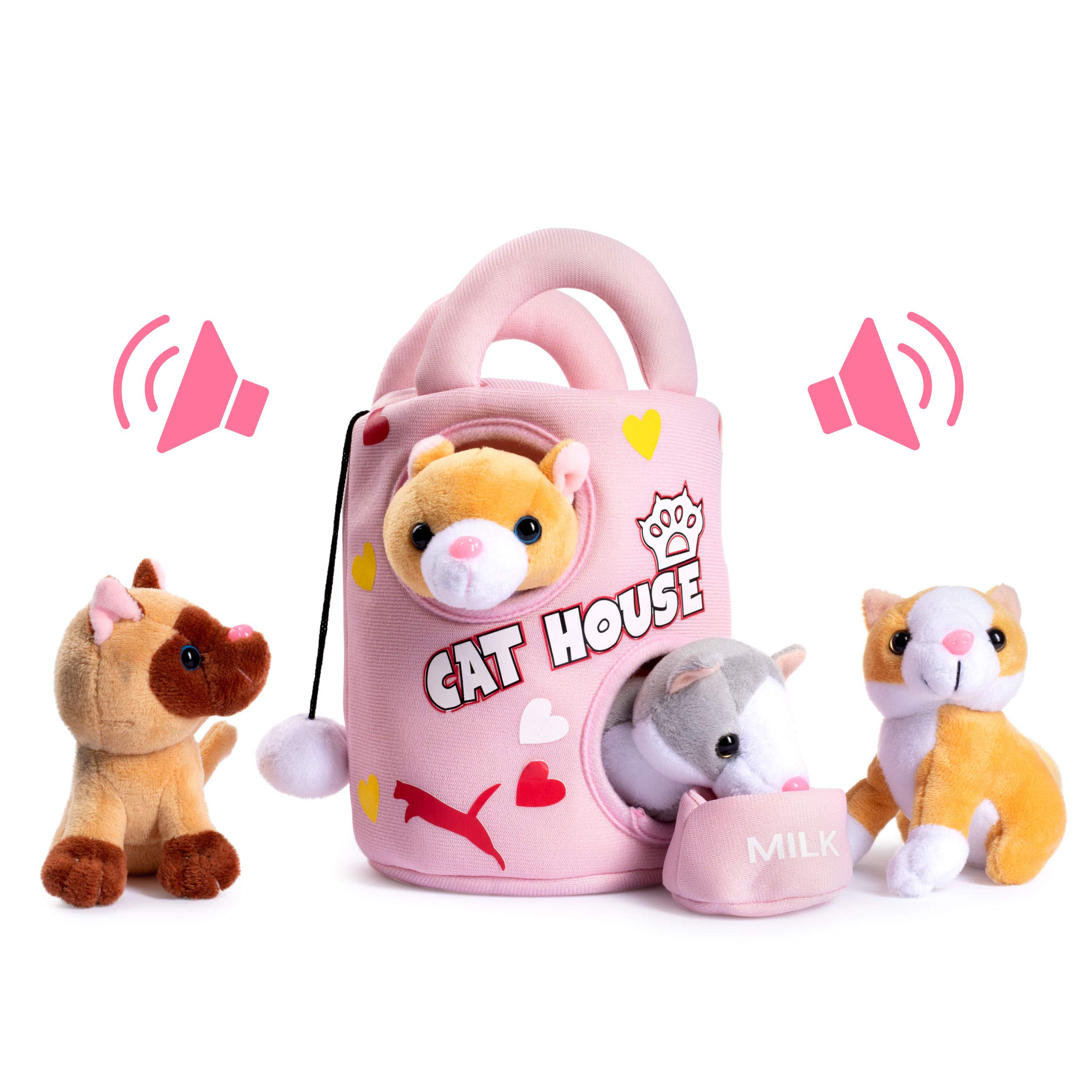 Plush Creations Talking Plush Cat House for Kids Includes Plush Cat House Carrier with 4 Soft Stuffed Talking & Meowing Kittens & A Cat Plush Milk Bowl Best Interactive Toy for Babies Or Toddlers