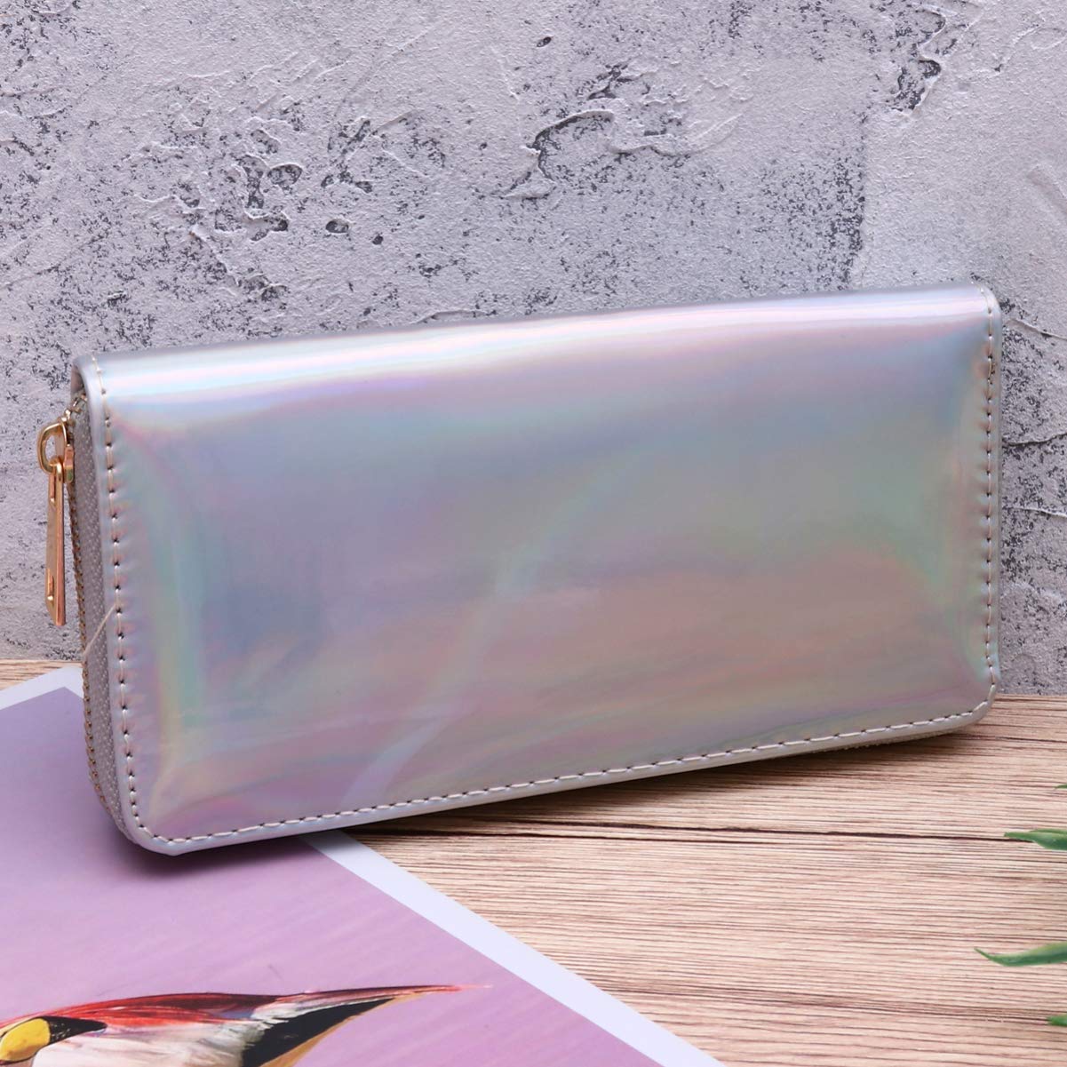 VALICLUD Holographic Zipper Long Wallet Purse Iridescent Rainbow Card Cell Phone Holder Slim Long Pouch for Women