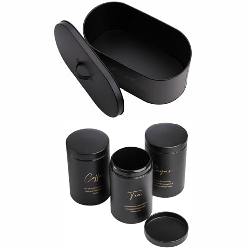 Hacaroa Set of 4 Bread Box and Canister Set for Kitchen Countertop, Metal Bread Bin Sugar Tea Coffee Storage Canister with Lid, Biscuit Tin Set for Loaf, Pastry, Dry Food, Black