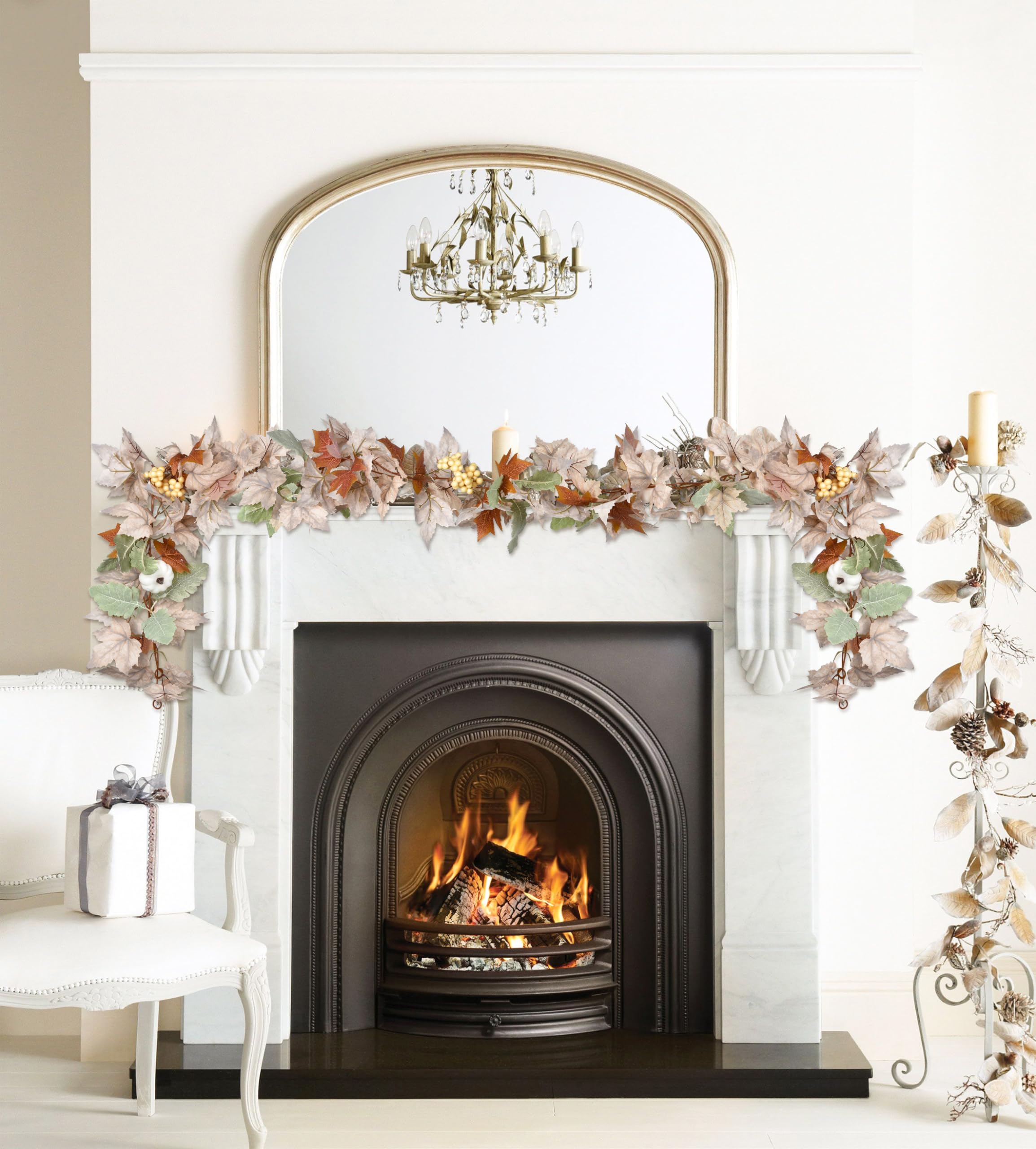DearHouse 1Pcs Fall Garland Maple Leaf, 6Ft/Piece Hanging Vine Garland Artificial Autumn Foliage Garland Thanksgiving Decor for Home Wedding Fireplace Party Christmas (White)