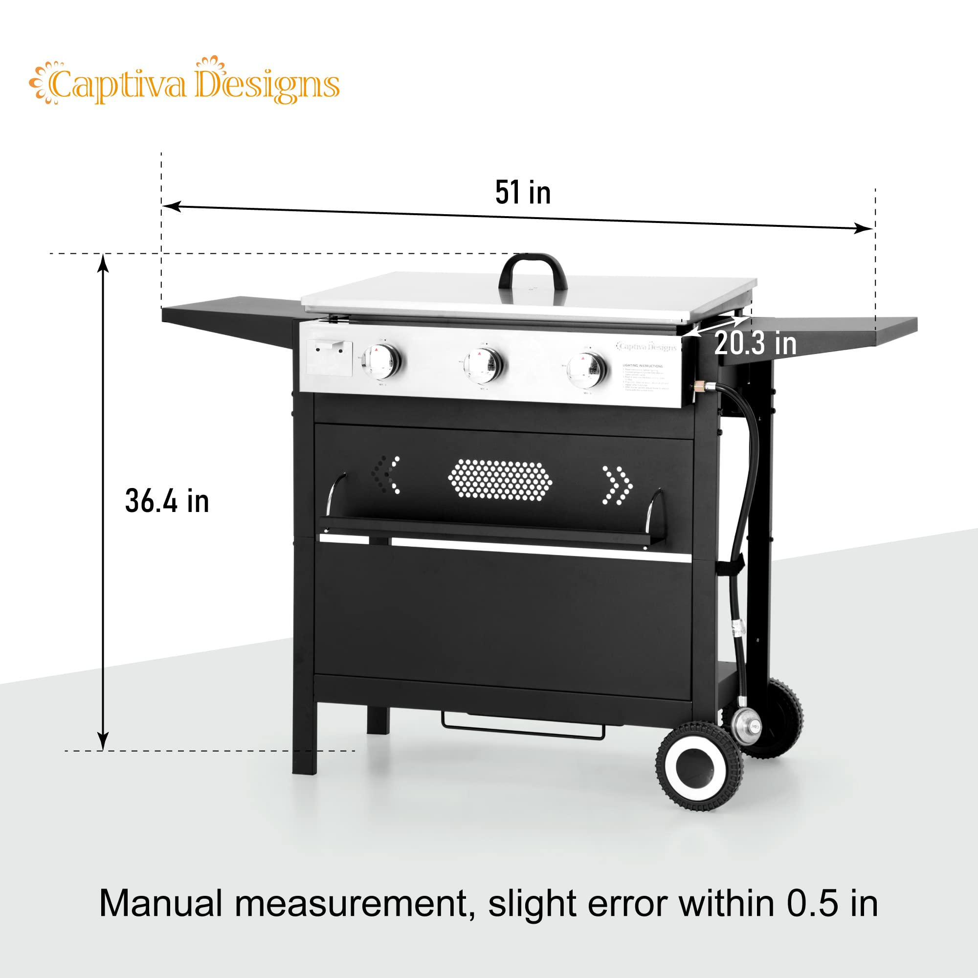 Captiva Designs Flat Top Gas Griddle Grill with Lid, 3-Burner Propane Flattop BBQ for Outdoor Cooking Kitchen, Can be Detached into Table Camping & Tailgating, 33,000 BTU Output