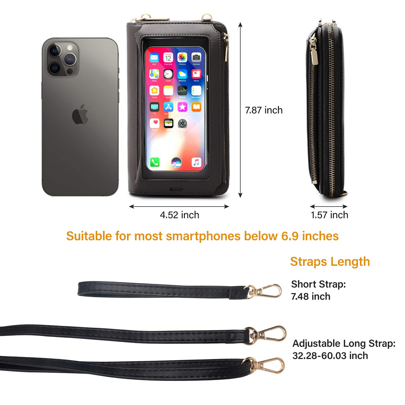 Women Touch Screen Purse Small Crossbody Phone Bag RFID Protection Wristlet Cell Phone Wallet (S-Black)