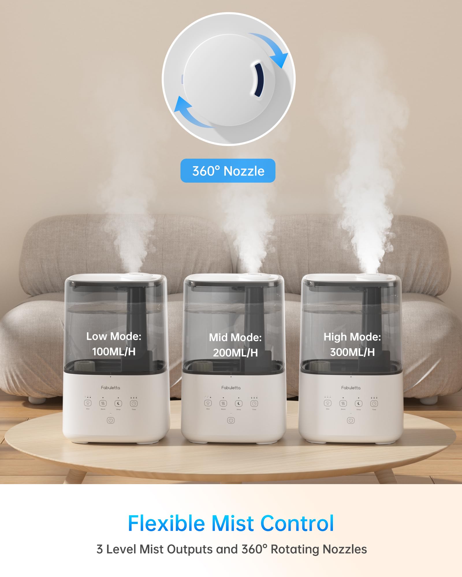 FABULETTA Humidifiers for Bedroom, Warm and Cool Mist Humidifier Large Room for Home, 4.5L Top Fill Room Humidifier with 45H Runtime, 3 Mist Levels, Essential Oil Diffuser, Quiet Sleep Mode & Timer