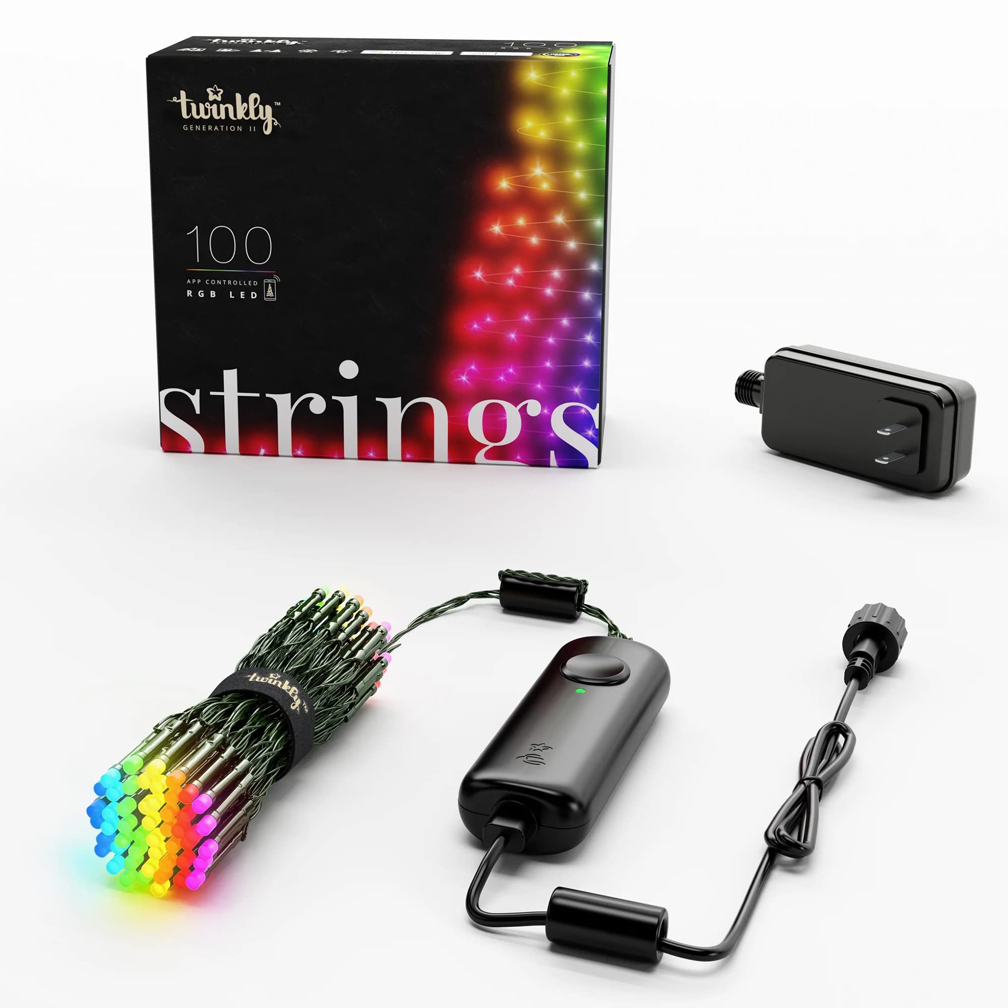 Twinkly Strings App-Controlled LED Christmas Lights with 100 RGB (16 Million Colors) 26.2 feet. Green Wire. Indoor/Outdoor Smart Lighting Decoration (4 Pack)
