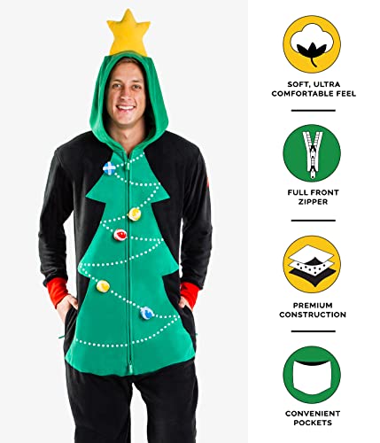 Tipsy Elves Men's Christmas Game Cozy Jumpsuit - Cozy Christmas Tree Onesie w/Velcro Balls : XL