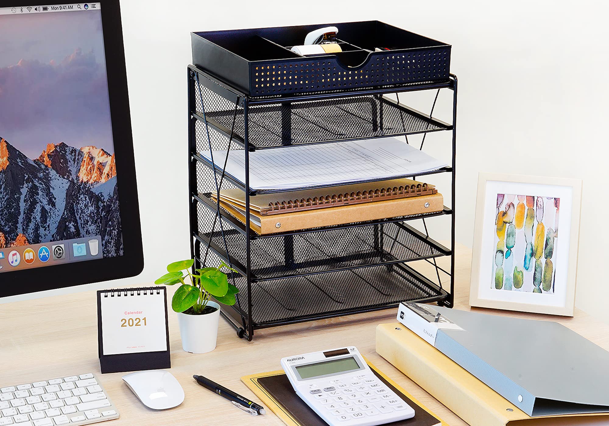 CAXXA 5 Tier Mesh Letter Tray, Desk File Organizer, Desktop Paper Tray Holder with Drawer, Black