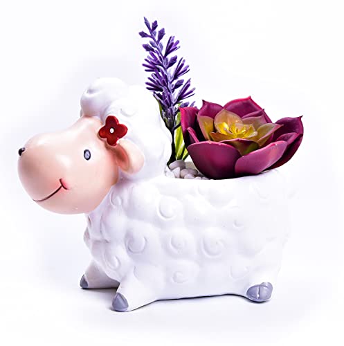 Cute Animal Sheep Small Flower Pot with Drainer Garden Flower Pot Resin Succulent Potted Bonsai Plant Stand Home Desk Mini Ornaments Without Plants