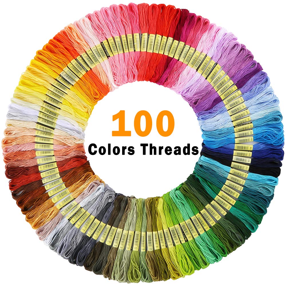 Caydo 244 Pieces Embroidery Kit with 100 Colors Threads, 40 Sewing Pins, 3 Pieces Aida Cloth, Instructions, Embroidery Hoops and Cross Stitch Tools for Adults and Kids Beginners
