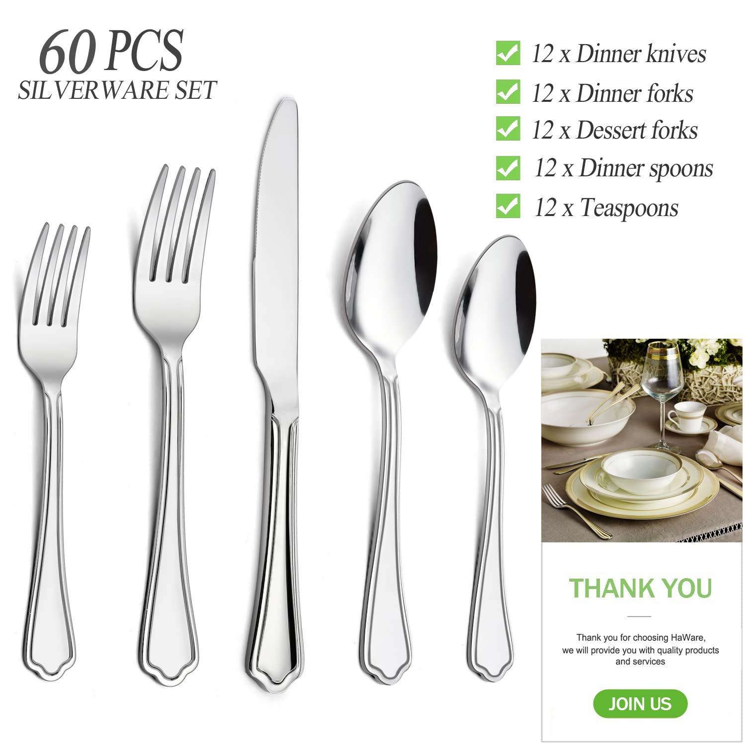 HaWare 60-Piece Silverware Set for 12, Stainless Steel Flatware Cutlery Eating Utensils, Modern Design with Crown Edges for Home Kitchen Hotel, with Knives Forks Spoons, Dishwasher Safe