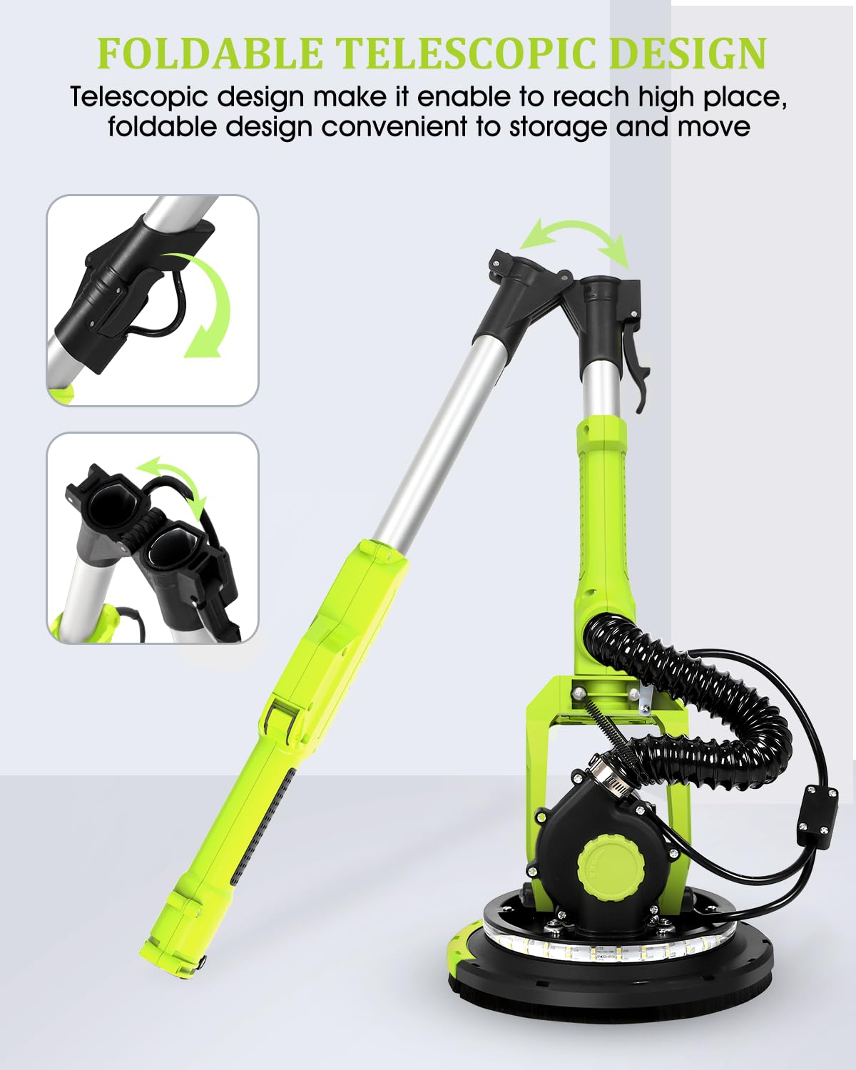 Drywall Sander, MYTOL 7.2A Electric Wall Sander with Vacuum Dust Collection, 6 Adjustable Speeds 900-1800RPM, LED Light, Extendable Handle, Foldable Electric Drywall Sanders 12Pcs Sanding discs-H21K3