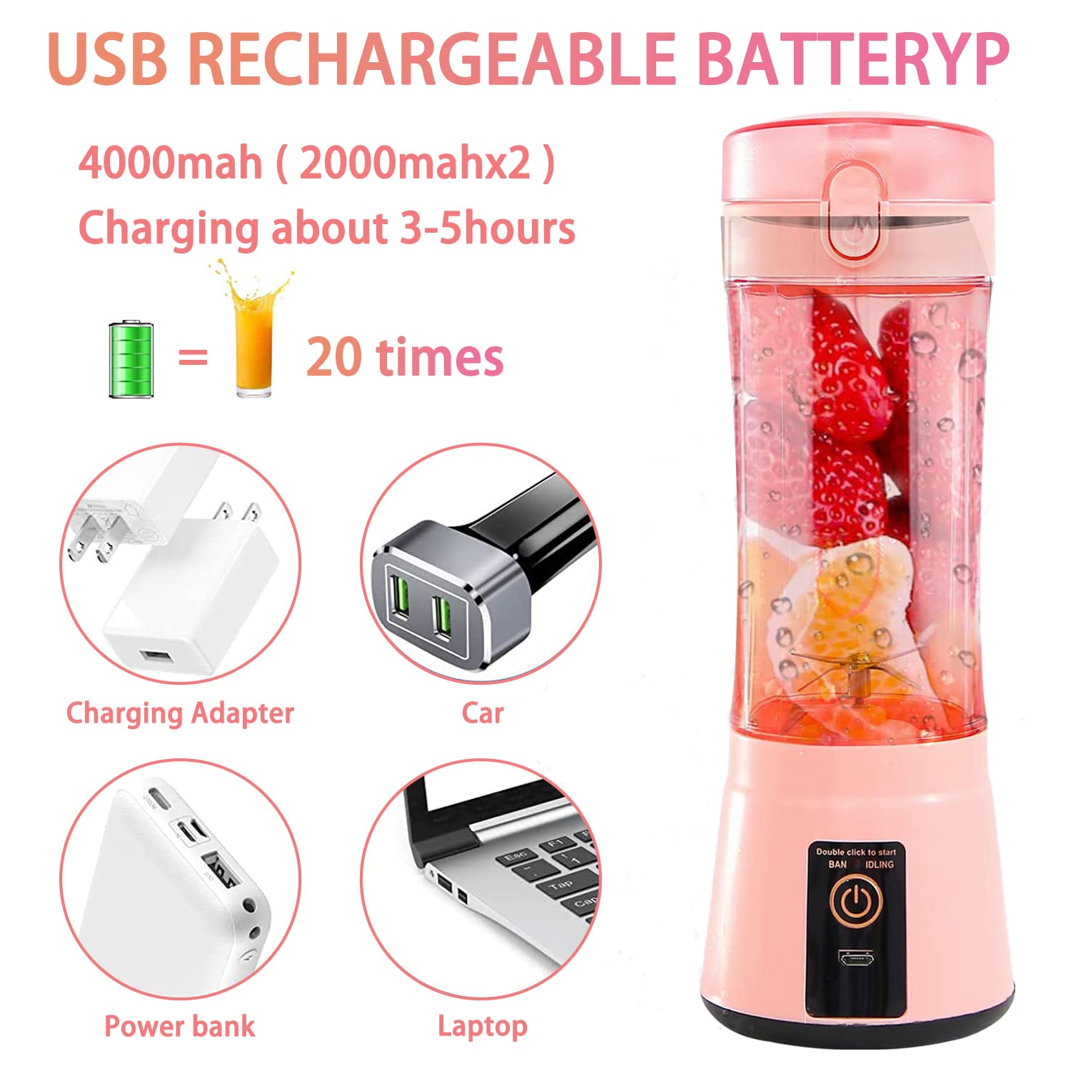 Lukern 13.5oz Portable Blender,Ideal for Travel, Home and Office Smoothies Personal Blender Mini Shakes Juicer Cup home,office,Outdoors.Multi-purpose USB Rechargeable with Protection Design