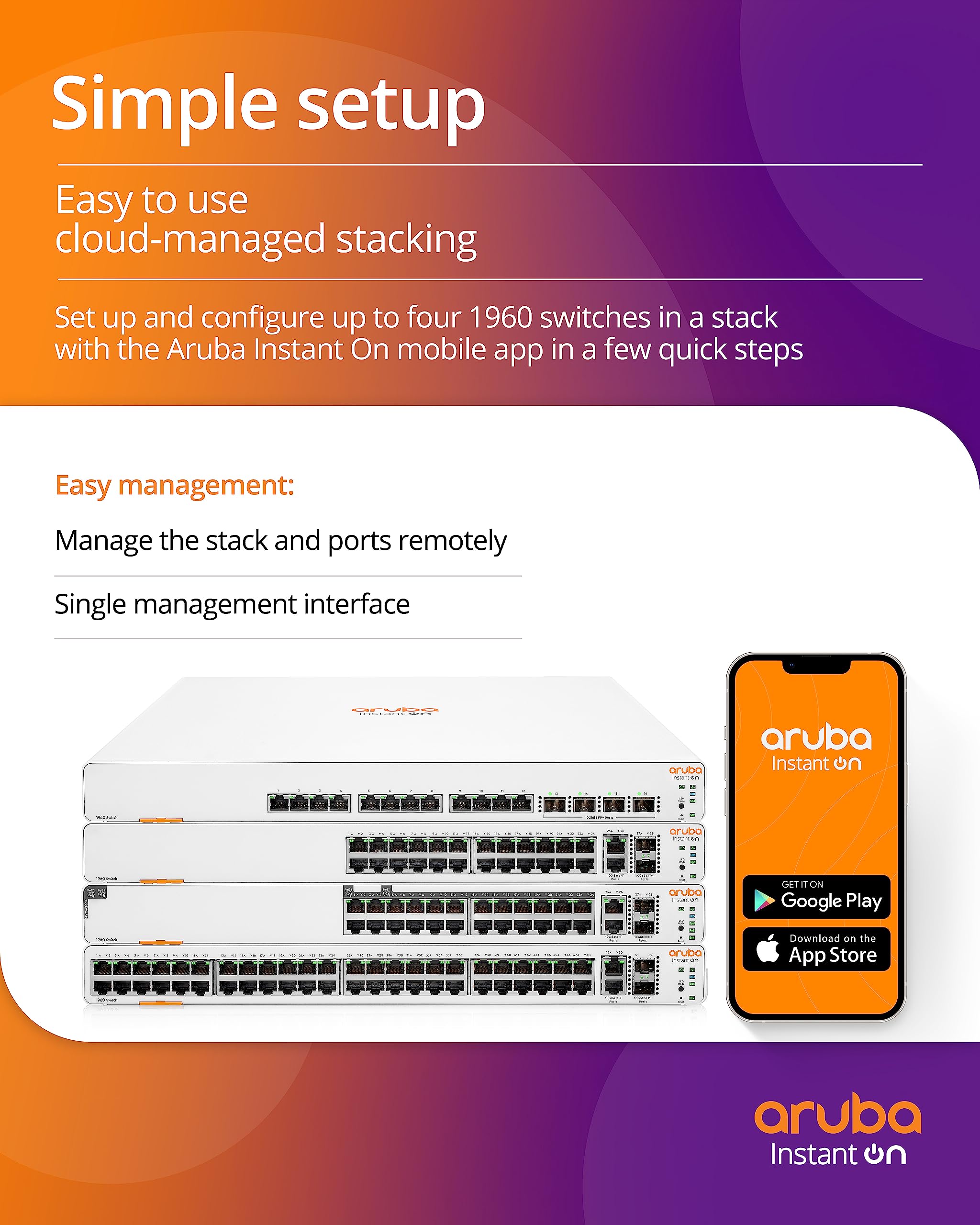 HPE Networking Instant On Switch Series 1960 48-Port Gb Smart-Managed Layer 2+ Ethernet Switch with PoE | 48x 1G | 2X 10GBase-T, 2X SFP+ | 40x CL4, 8X CL6 PoE 600W | Stackable | US Cord (JL809A#ABA)