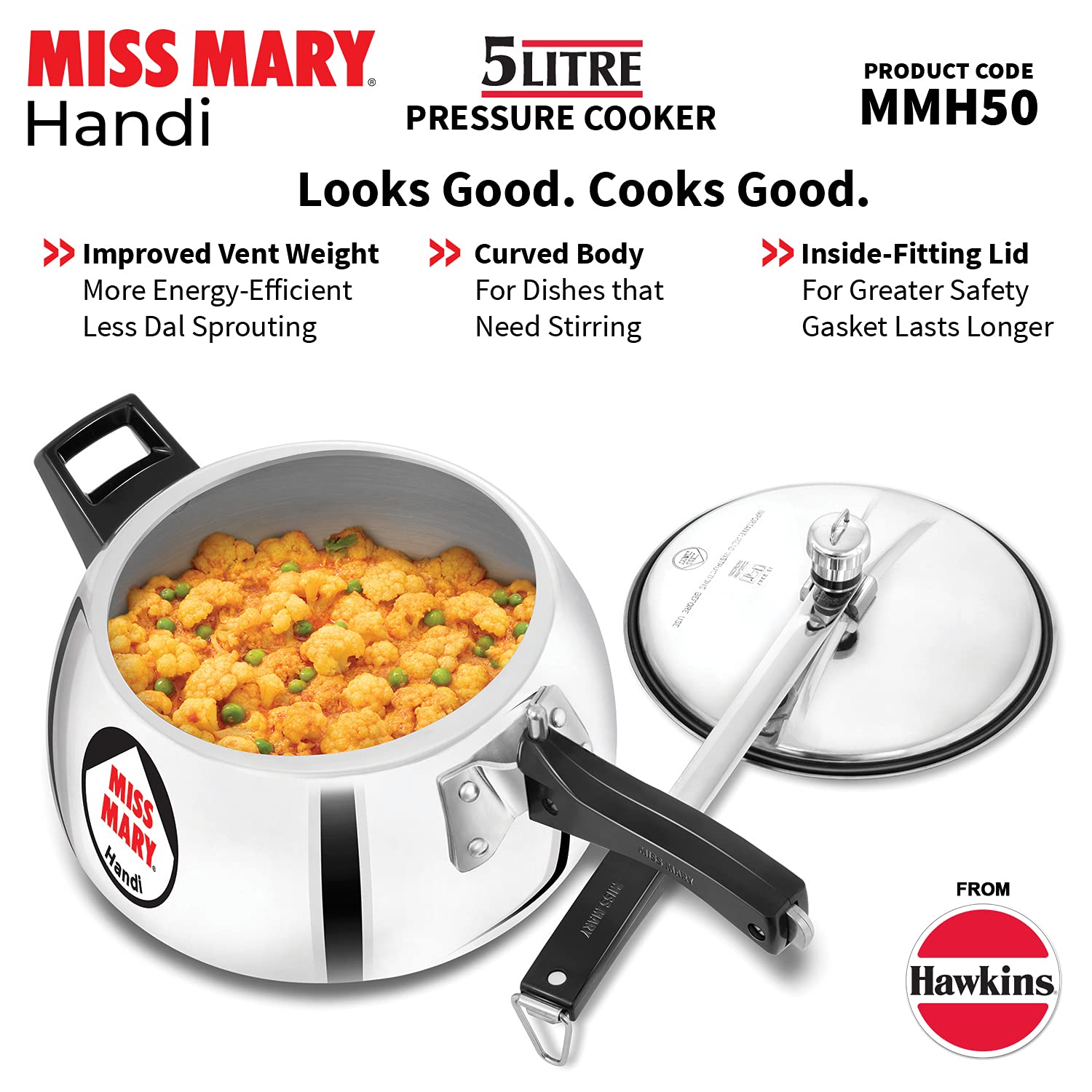 Hawkins 5 Litre Miss Mary Handi Pressure Cooker, Inner Lid Cooker, Silver (MMH50)