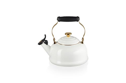 Le Creuset Enamel on Steel Whistling Kettle with Gold Finishes, 1.7 qt., White