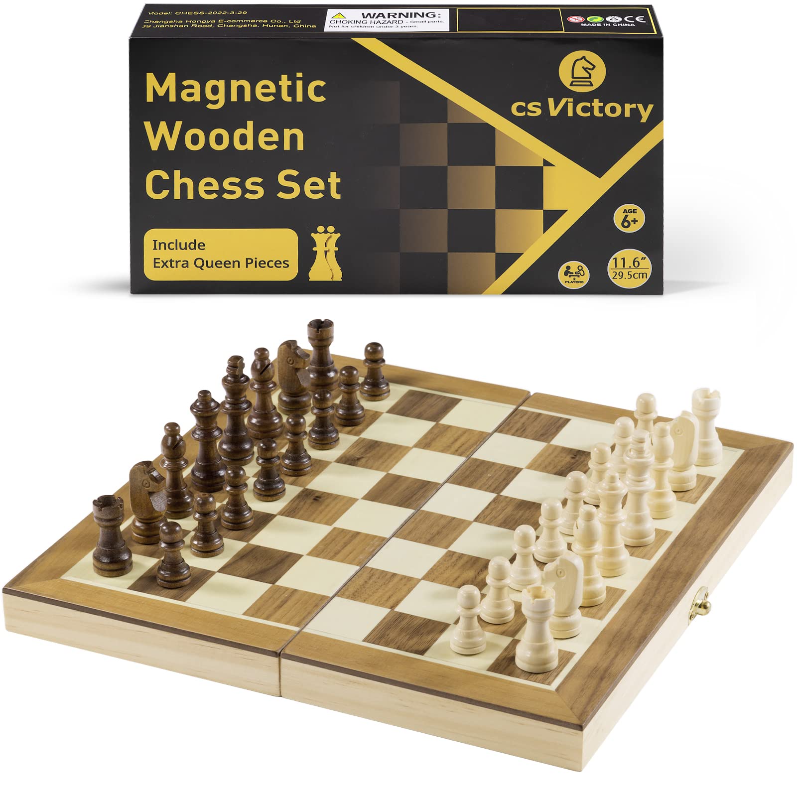 CSVICTORY Classic Chess Set 11.6" x 11.6" - Magnetic Wooden Chess Pieces with Folding Magnetic Chess Board, Staunton Chess Pieces & Storage Box, Magnetic Chess Set Board Game with 2 Extra Queens