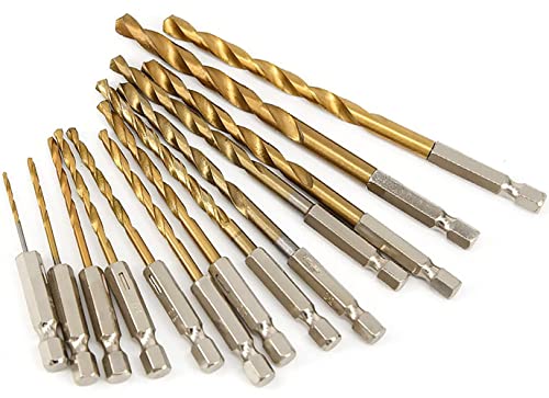 Titanium Twist Drill Bit Set - 13 Pcs Hex Shank High Speed Steel, Premium 4341 HSS Titanium Impact Hex Drill Bits for Wood, Steel, Metal, Plastic, Quick Change Design (1/16”-1/4”)