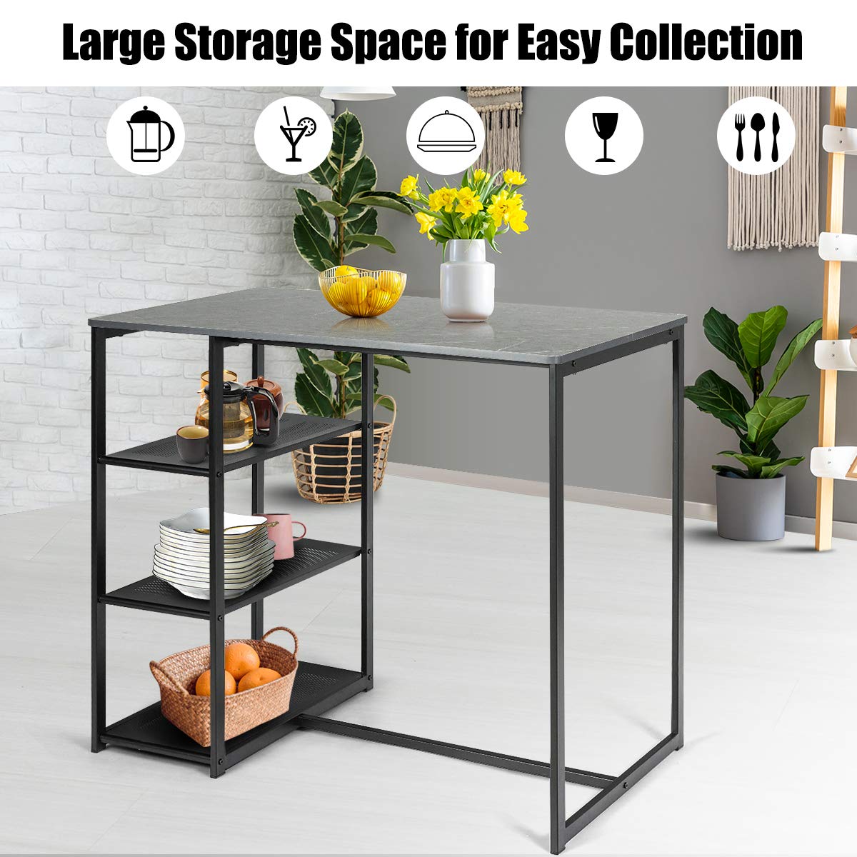 COSTWAY 3-Piece Dining Set, Compact 2 Chairs and Table Set, Kitchen Set with Rectangular Faux Marble, 3 Metal Storage Shelves, Fashionable Simple Style, Kitchen Counter Height Table Set (Gold)