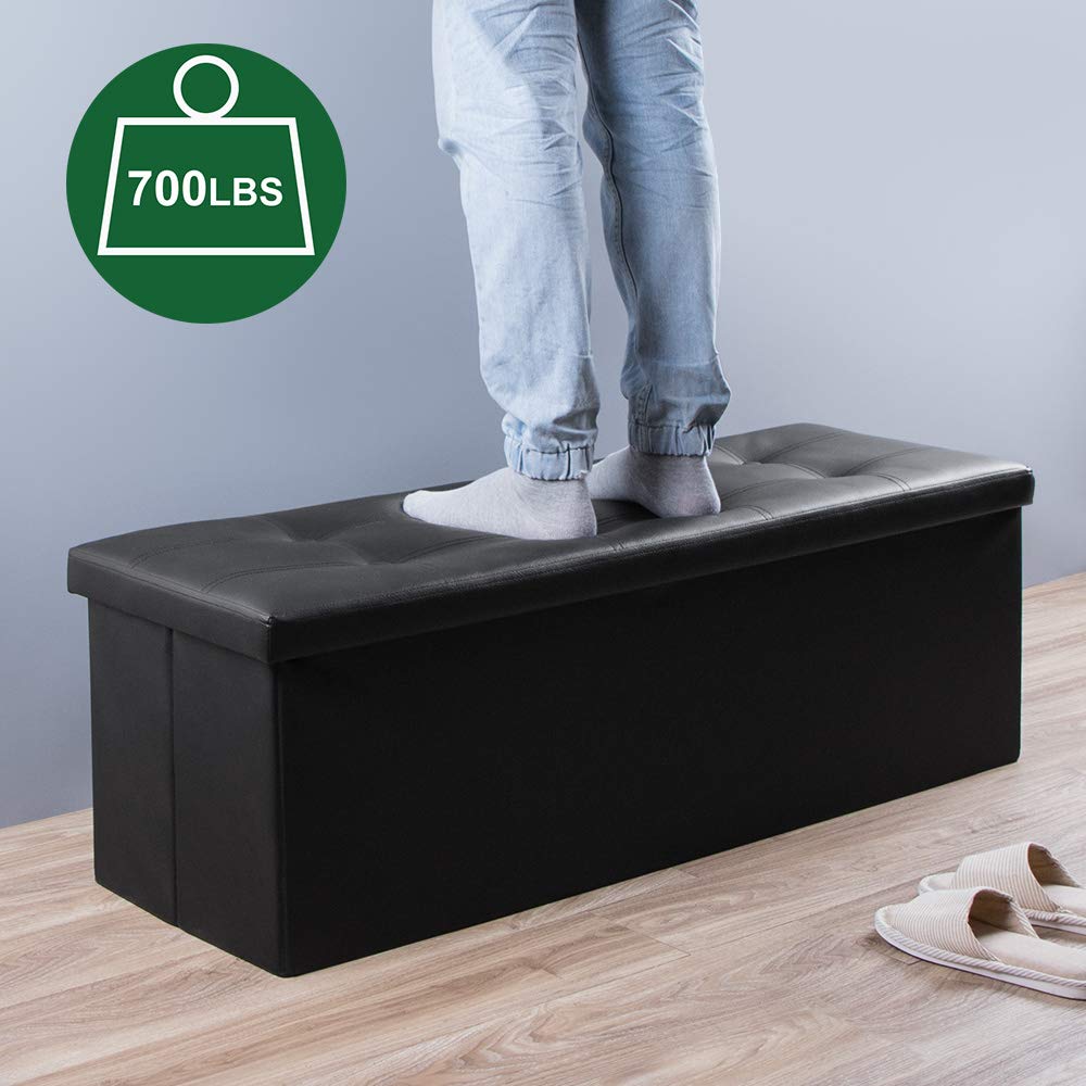 Camabel 43 Inch Folding Storage Ottoman Bench Cube Hold up 700lbs Faux Leather Long Ottoman with Storage Foam Seat Footrest Padded Bed Storage Bench for Bedroom Coffee Table Rectangular Black BG363
