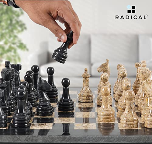 RADICALn 15 Inches Large Handmade Black and Fossil Coral Weighted Marble Full Chess Game Set Staunton and Ambassador Gift Style Marble Tournament Chess Sets