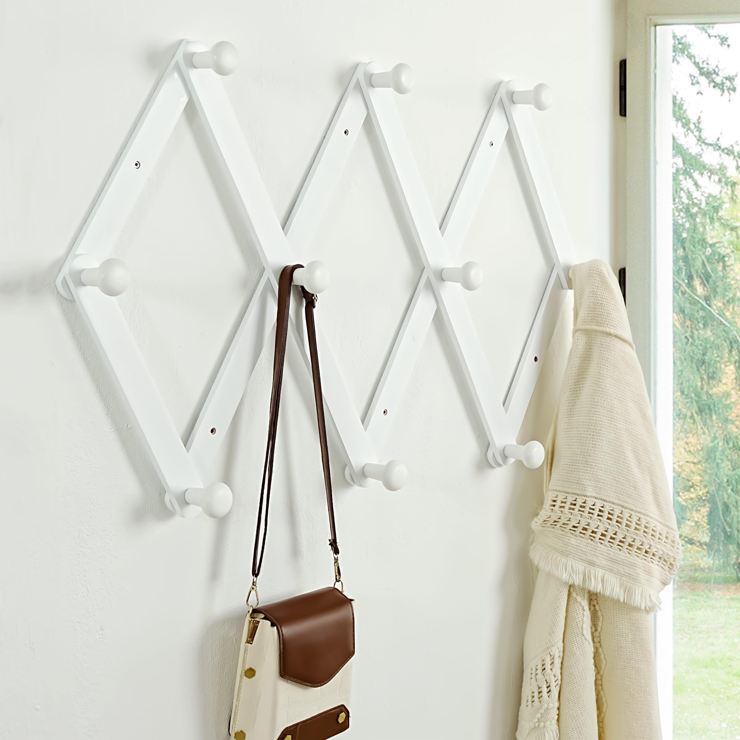 Dseap Expandable Coat Rack (Larger Version) - 24β High, Anti-Slip, Ultra Heavy Duty Wooden Accordian Wall Hanger with 10 Study Peg Hooks for Clothing Hats Jackets Bags, White