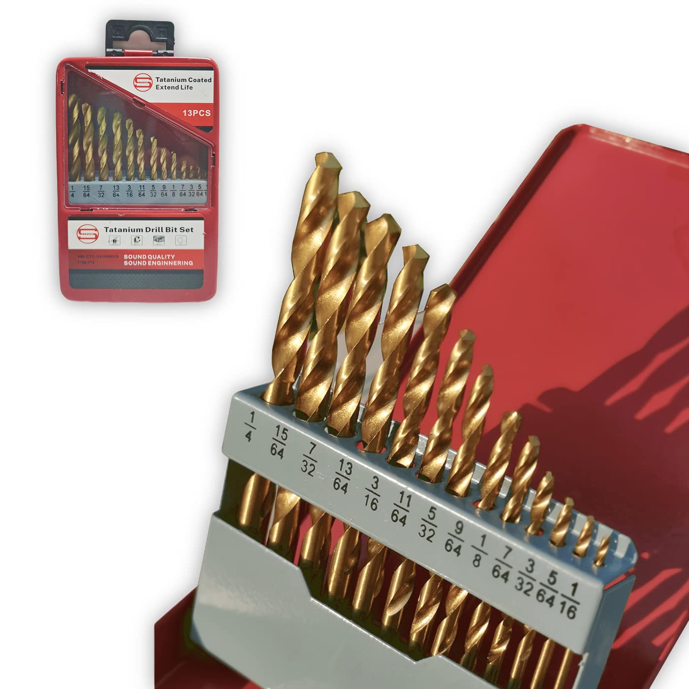 CTPOHT Titanium Drill Bit Set- 13Pcs Drill Bit Set High-Speed Steel with 135 Degree Split Point Tip for Wood, Plastic, Aluminum and Alloy, Round Straight Shank (13 Packs in 1/16"-1/4")