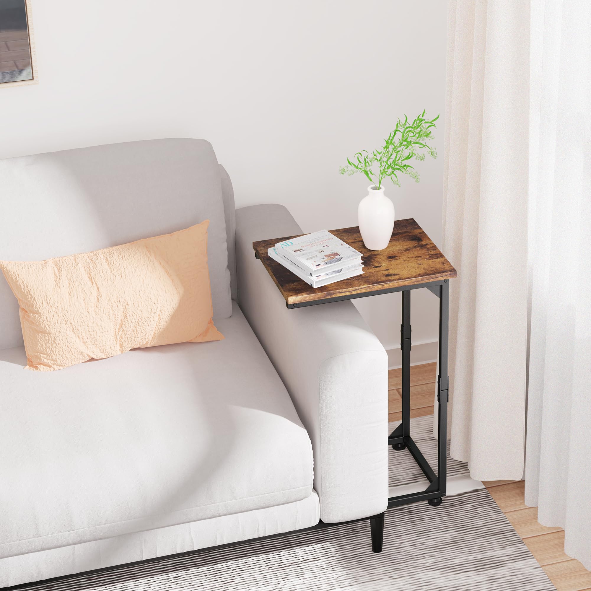 C Shaped End Table, Small Side Table for Couch, Laptop Table, Small TV Tray Table, Sofa Table for Living Room, Bedroom, Bedside, Small Spaces (Rustic Brown and Black)