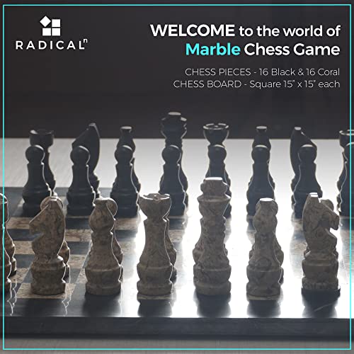 RADICALn 15 Inches Large Handmade Black and Fossil Coral Weighted Marble Full Chess Game Set Staunton and Ambassador Gift Style Marble Tournament Chess Sets
