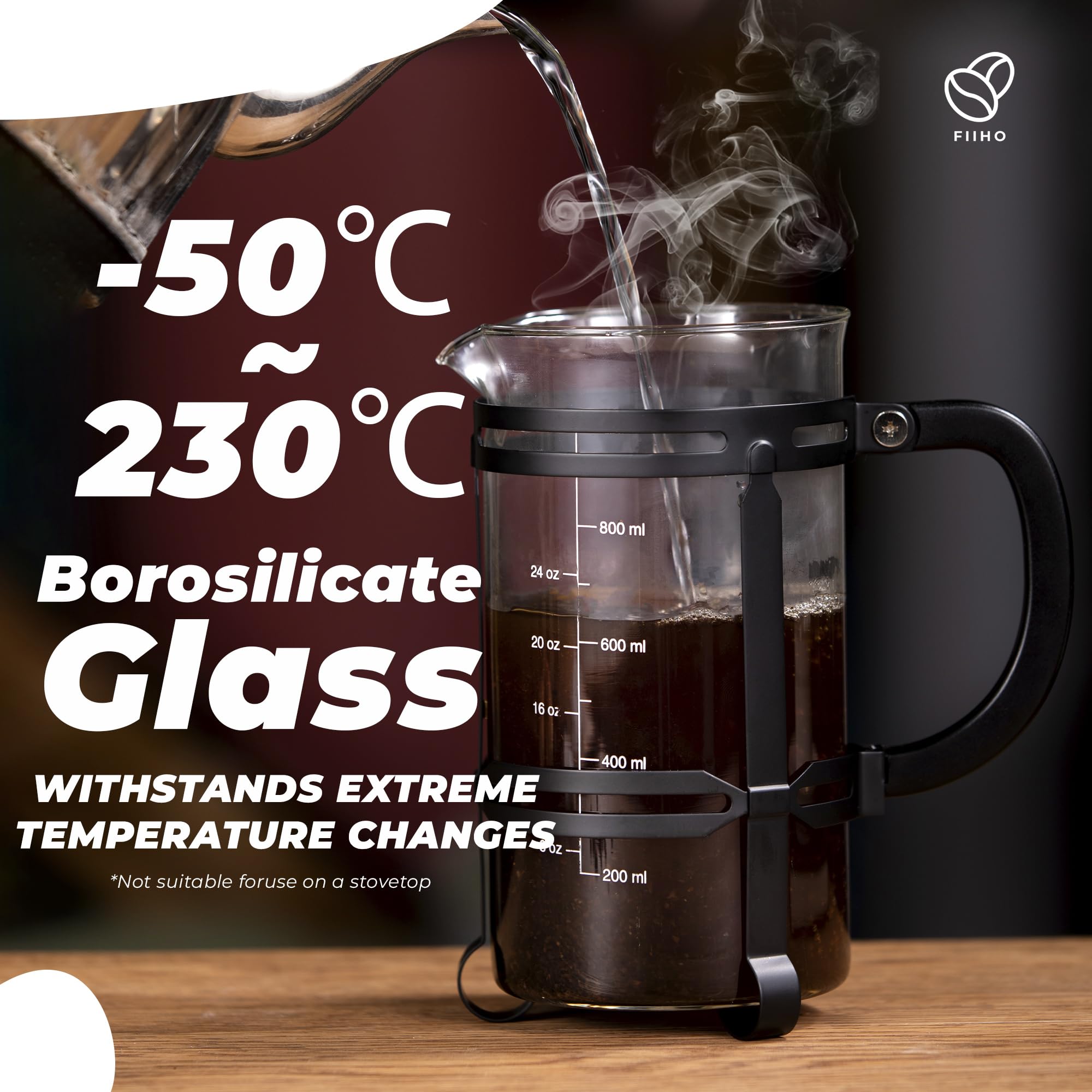 French Press Coffee Tea Maker(21oz),304 Stainless Steel Coffee Press with 4 Filters Screen-100% No Residue -German Heat-Resistant Borosilicate Glass- BPA FREE -Dishwasherable,Black