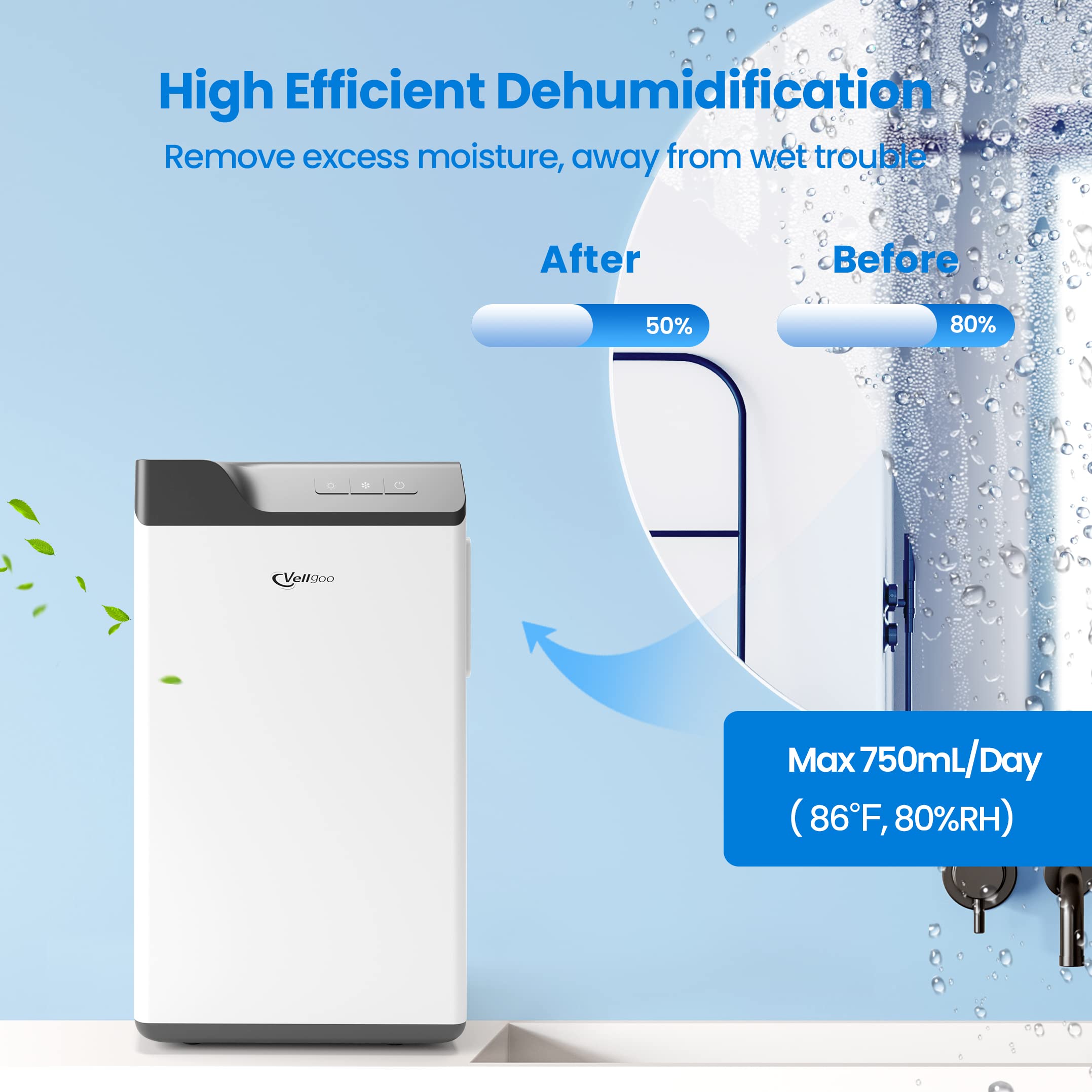 Dehumidifiers for Home - Vellgoo Dual Semiconductor Dehumidifier for Bathroom Basement Up to 540 sq.ft with 60oz Watertank, Dehumidifier with 1.5m Drain Hose
