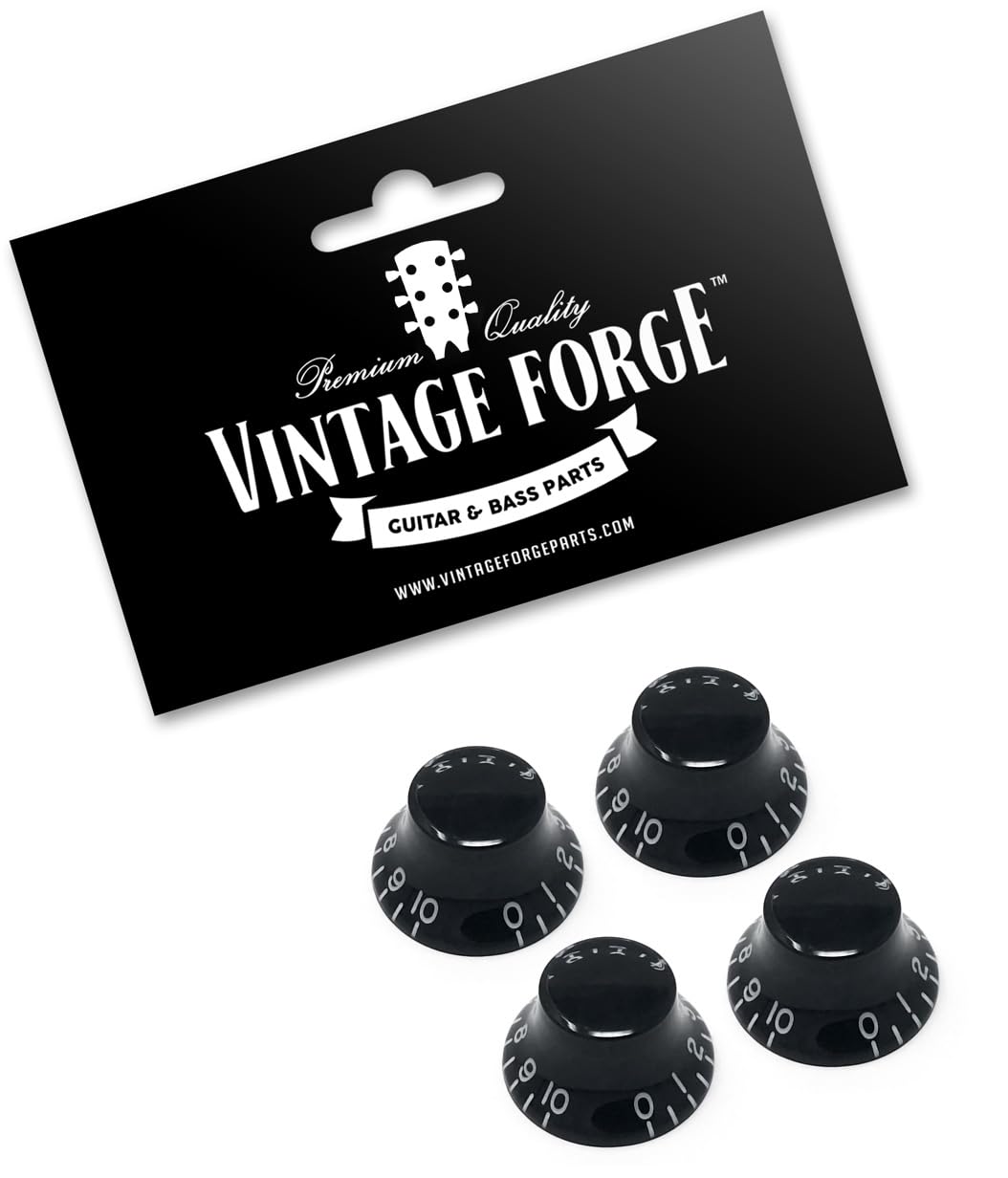 Vintage Forge Black Top Hat Bell Knobs Compatible with Gibson Les Paul Electric Guitar (Set of 4) Fits 24 Fine-Spline USA (Imperial) Split Shaft Pots Recessed RB24US-BLK4