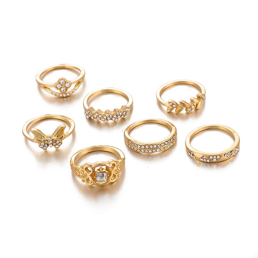 Boho Finger Ring Set of 7 Gold Crystal Butterfly Rings Set for Women and Dainty Gold Ring