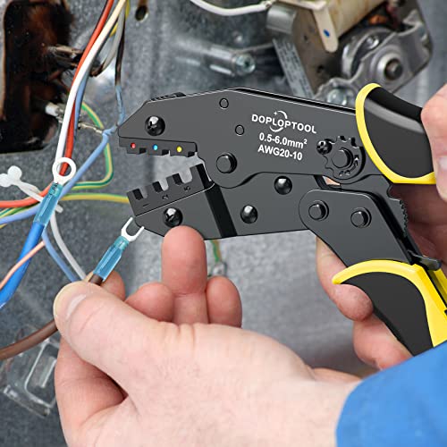 Crimping Tool for Heat Shrink Connectors, DOPLOP TOOL Ratcheting Wire Crimper Tool for 20-10 AWG (0.5-6mm²), Crimping Pliers for Cutting Wires and Insulated Wire Crimping Tool