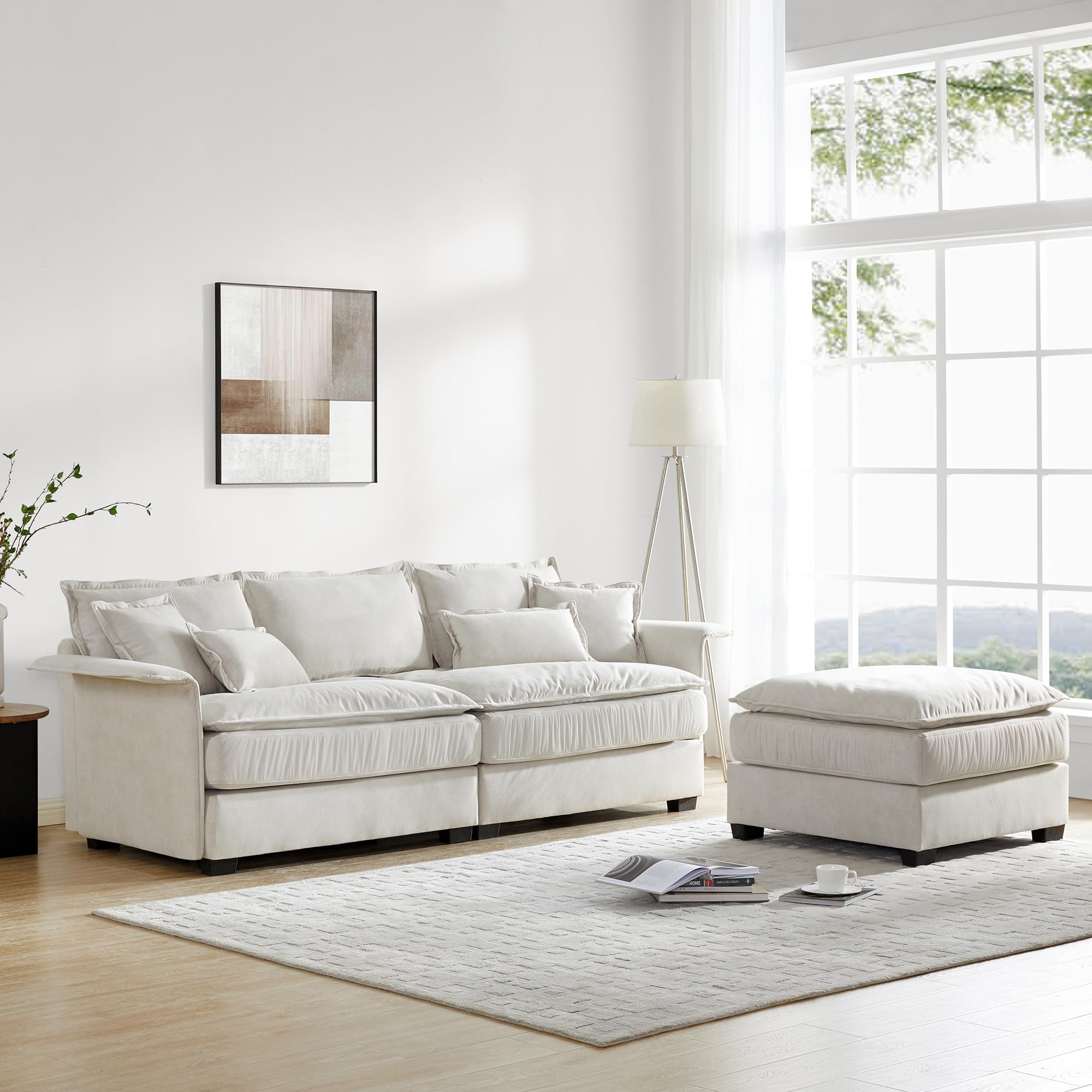 GNIXUU 95" L Shaped Sectional Sofa Couch for Living Room, Modern Tech Cloth Farbic 3 Seat Cloud Couch with Deep Seat and Ottoman, Comfy Upholstered Modular Sofa for Apartment, Office(Beige)