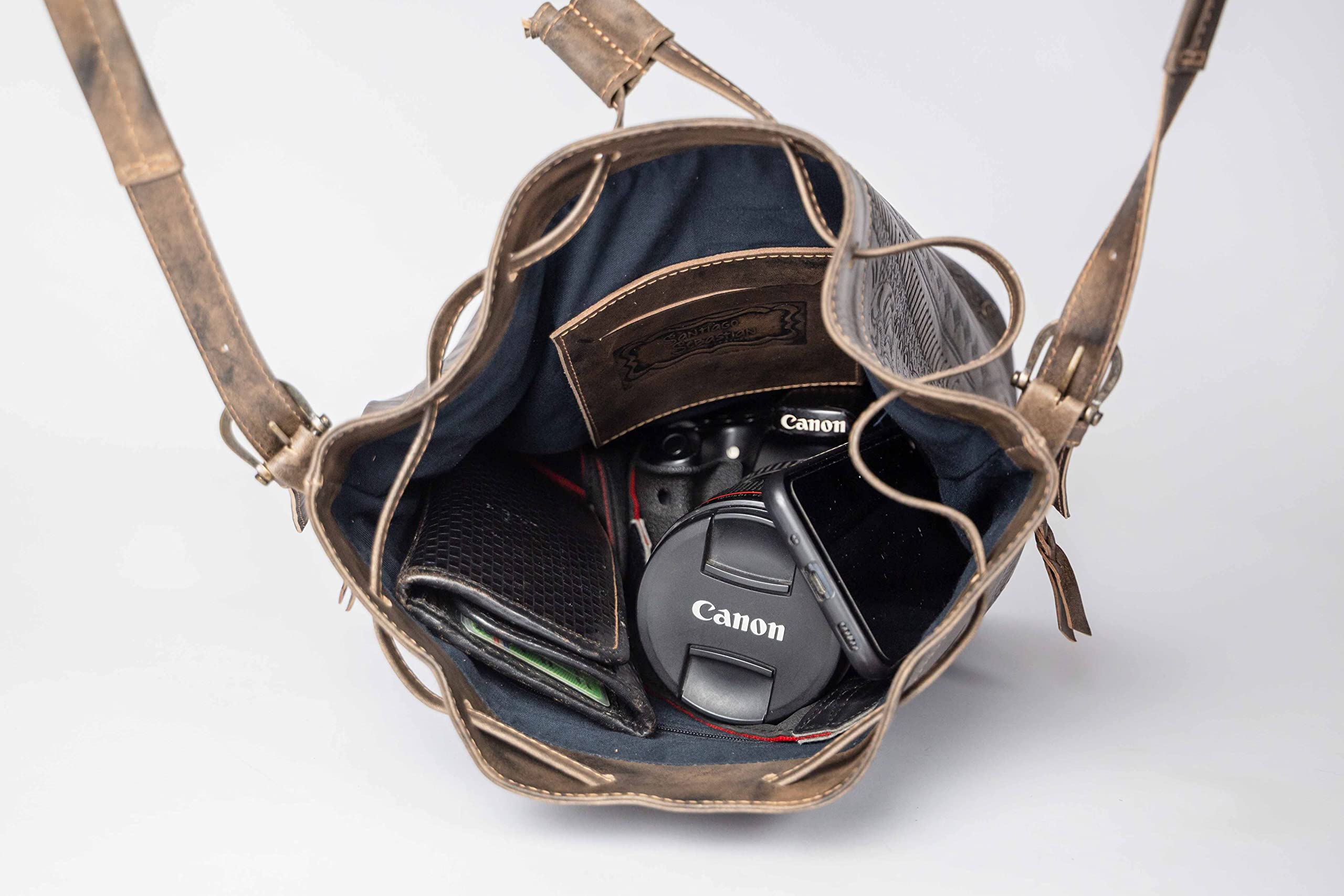 Womens Drawstring Bucket Bag, Genuine Leather Crossbody Bag, Hand tooled, Dark Brown, Handmade Leather Purse