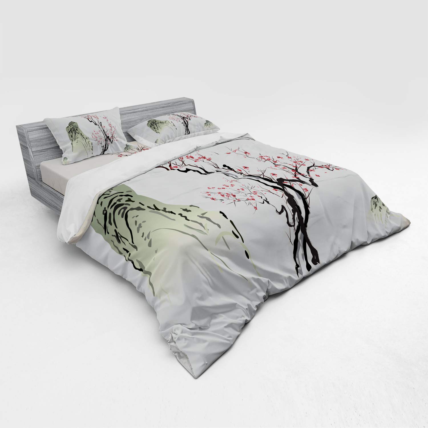 Lunarable Cherries Bedding Set, Blossom Style with Branches Rocks, 4 Piece Duvet Cover Set with Shams and Fitted Sheet, King Size, Champagne Sage Green