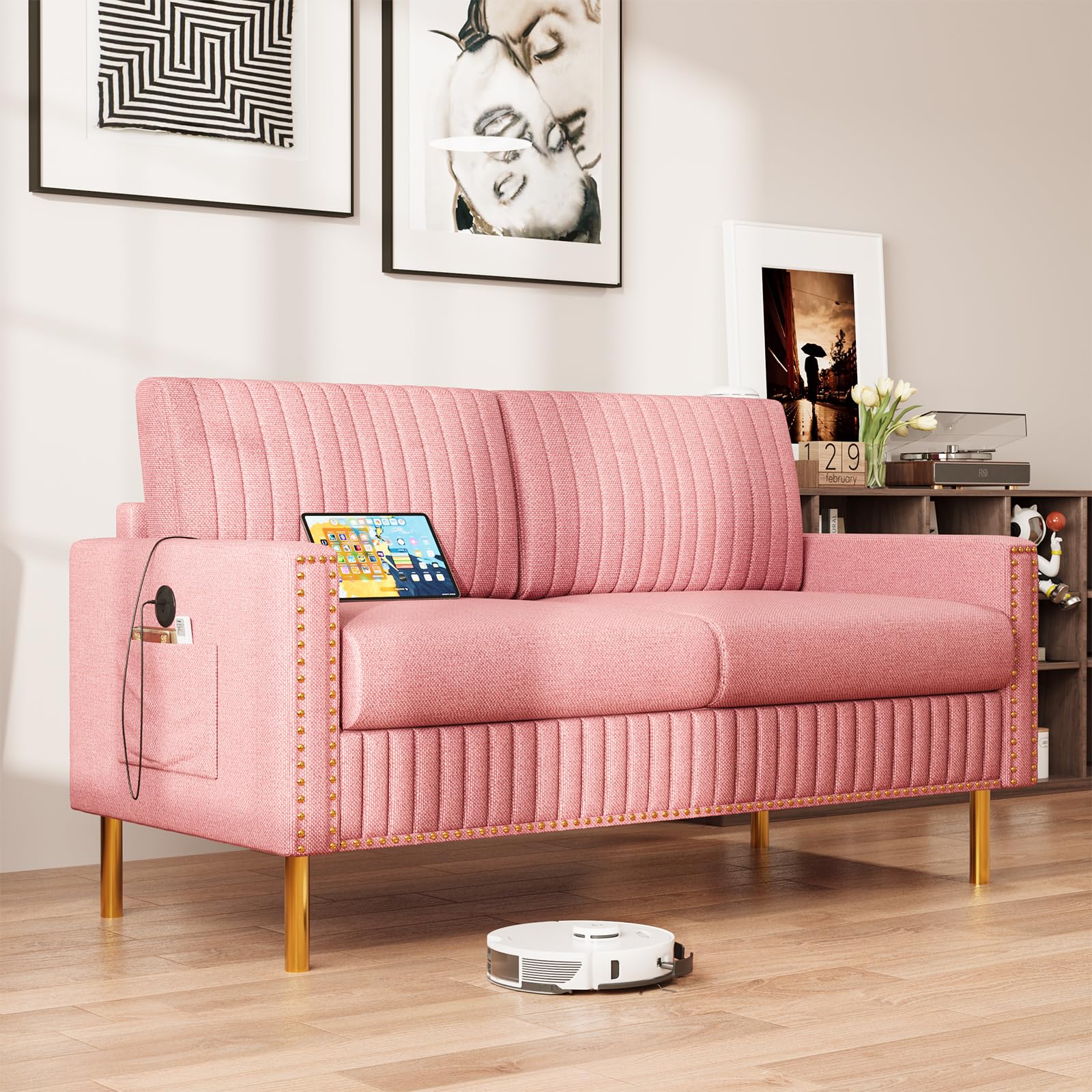 Fameill 65" Loveseat Sofa, Comfy Couch with Rivet Hemming, Mid Century Modern Couch with Deep Seat Soft Cushion, USB & Type-C Charging Port, Upholstered Small Couch for Bedroom, Living Room, Pink