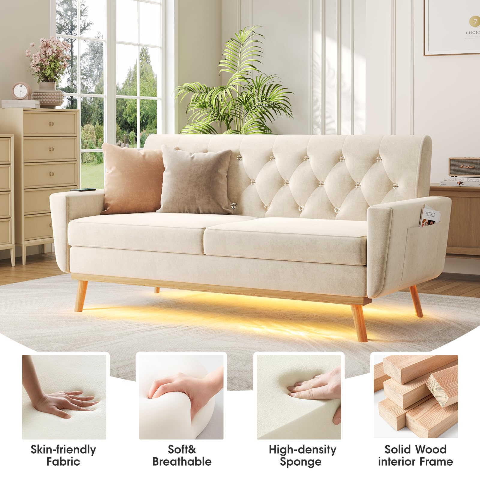 Fameill 65" Loveseat Sofa Couch, Mid Century Modern Love Seat Small Couch with Soft Cushion, LED Light, Crystal Button Tufted, Upholstered Comfy Small Couch for Living Room, Bedroom