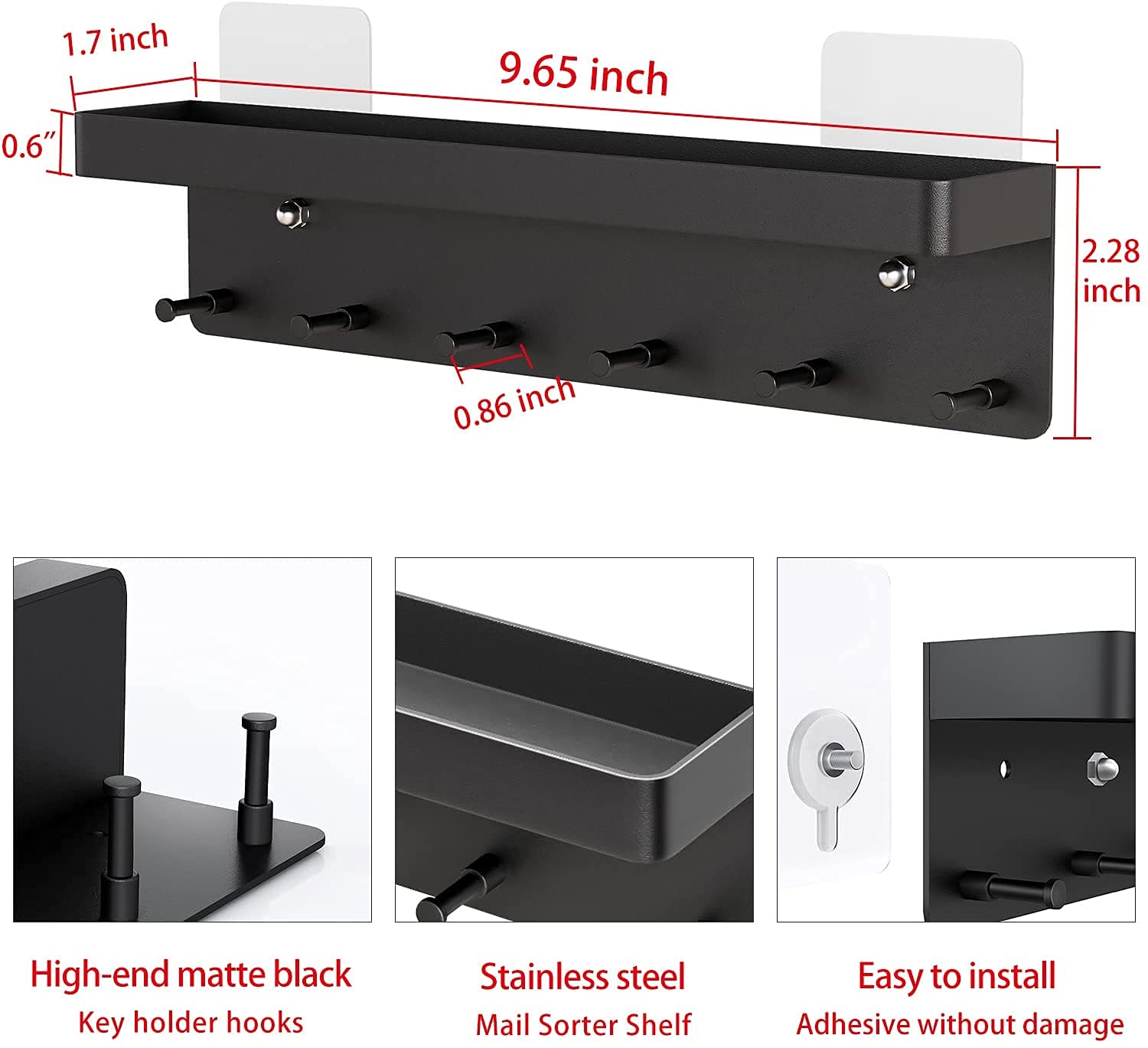 HAYAN Key Holder for Wall, Wall Mount Mail Key Hanger Organizer Shelf, Key Hooks Rack, Small Key Hanger for Home Entryway, Hallway, Kitchen, Office - Black
