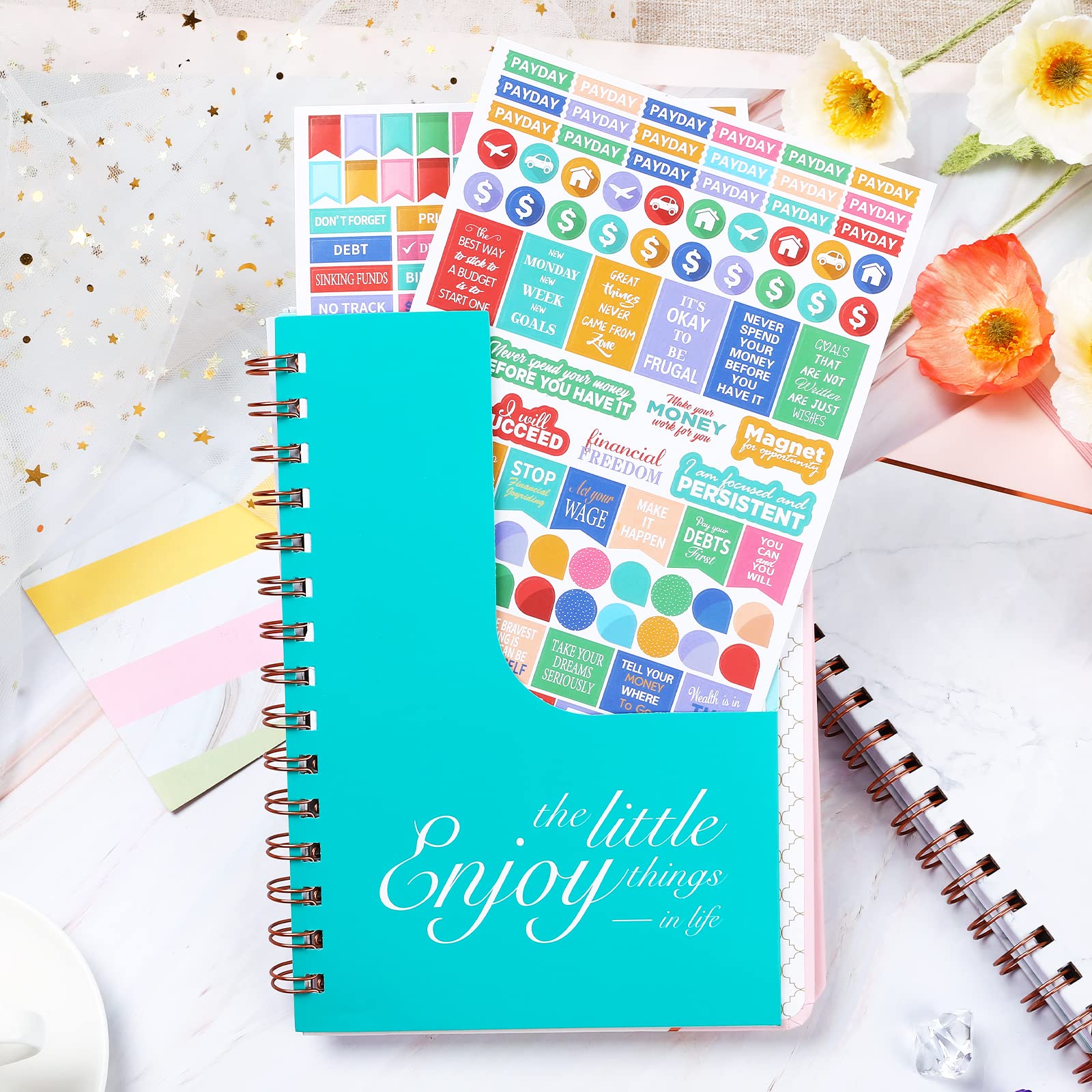 Budget Planner Book, 12 Monthly Financial Organizer, 6" x 8.2", Planner Organizer with Expense Tracker Undated Accounts Book, Account Book with Pocket, Stickers - Pink Marble