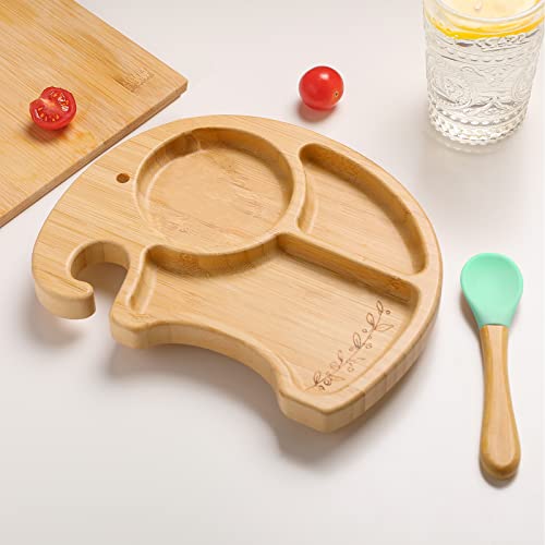 Mamimami Home Bamboo Baby Plate - Silicone Suction - Toddler Food Plate with Fork and Spoon - Baby Led Weaning Plate Feeding Utensils Set, BPA Free (Green Elephant)
