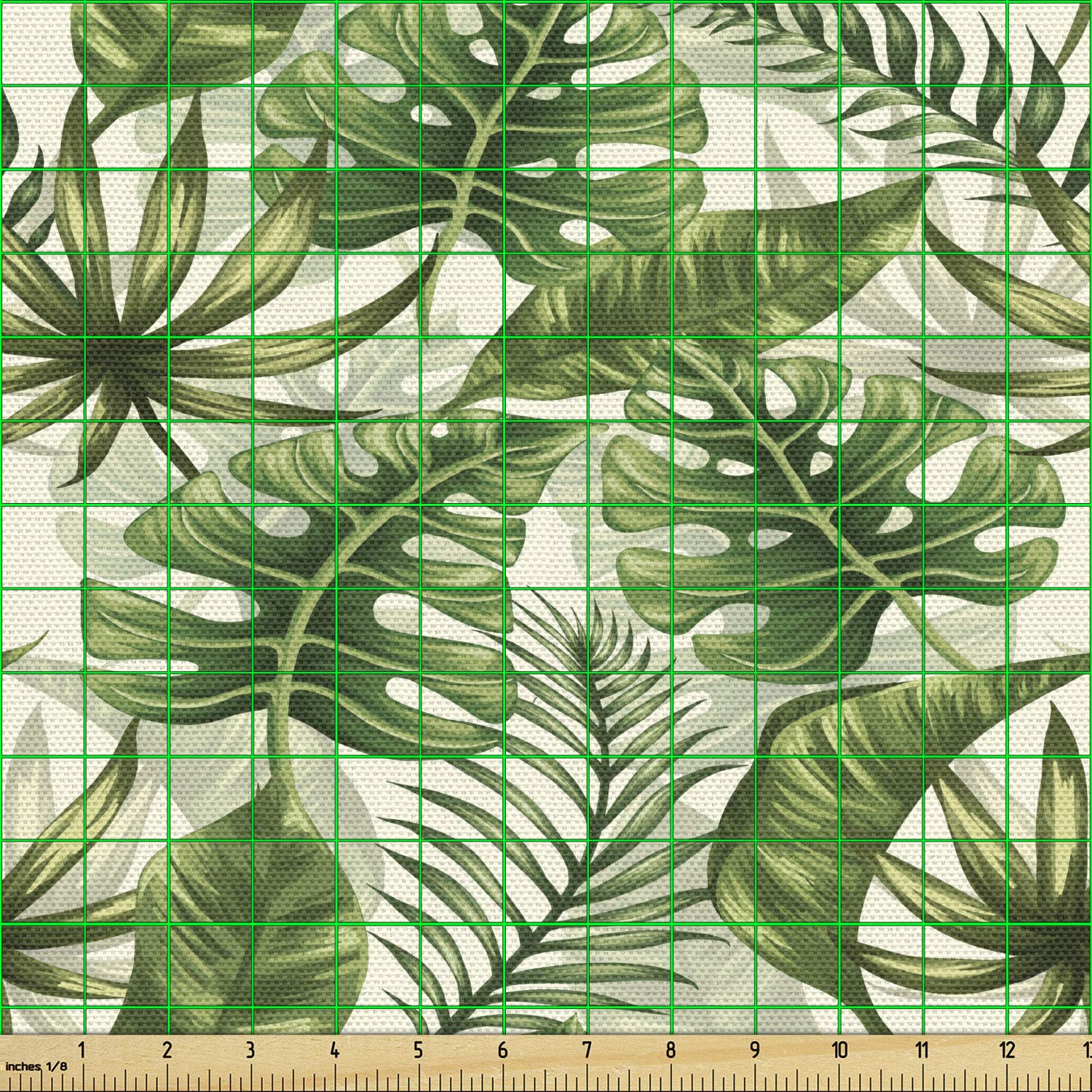 Lunarable Tropical Fabric by The Yard, Rainforest Island Jungle Foliage Pattern Green Leaves Retro Nature, Decorative Fabric for Upholstery and Home Accents, 1 Yard, Olive Green