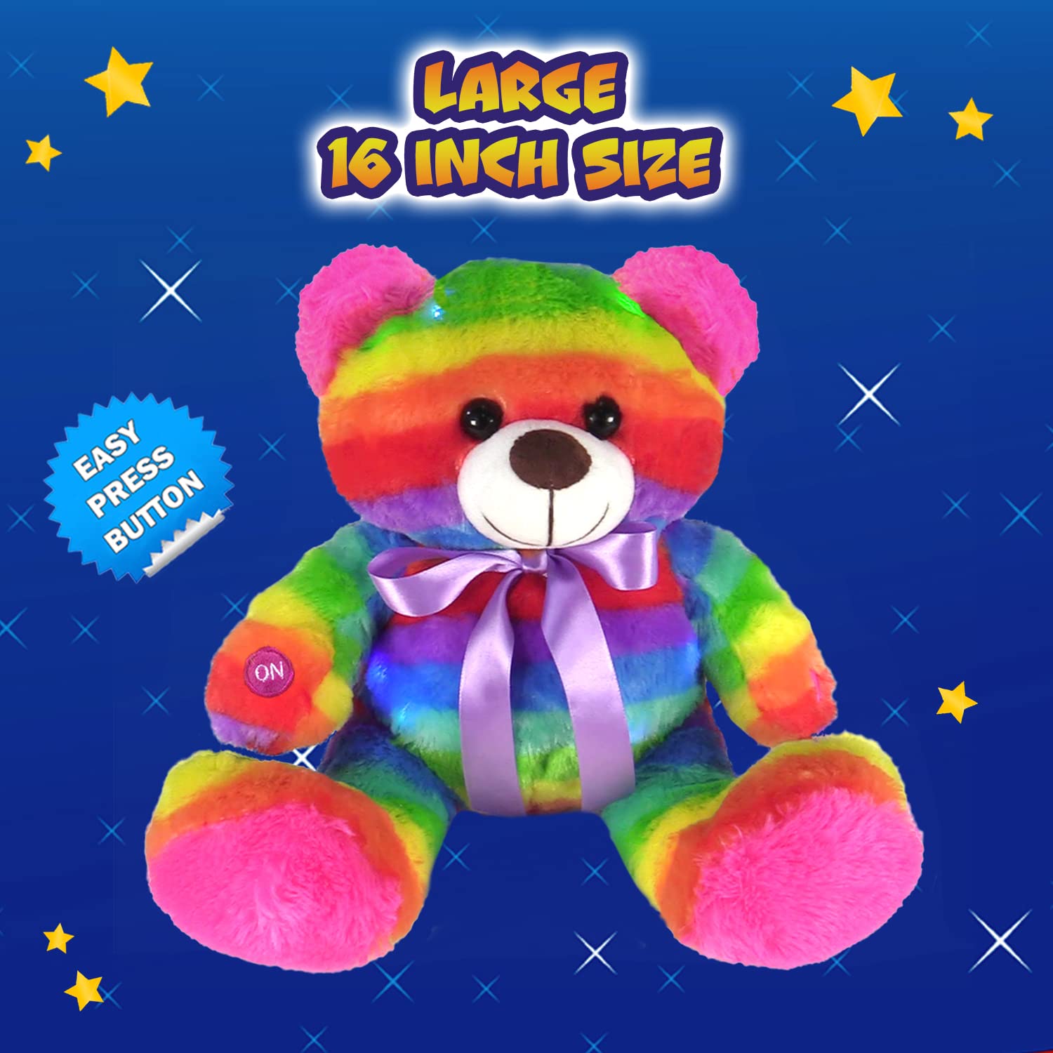 The Noodley Rainbow Lites Light Up Teddy Bear Stuffed Animal Plush LED Night Light Sleep Toy for Girls (16 inch, Batteries Included)