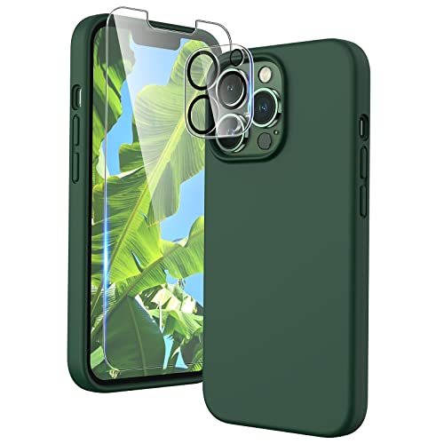TOCOL 5 in 1 for iPhone 13 Pro Max Case, with 2 Pack Screen Protector + 2 Pack Camera Protector, Liquid Silicone [Anti-Scratch], Alpine Green