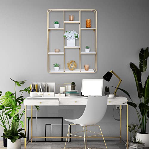 Sheffield Home Decorative Rounded Edge Metal and Wood Floating Shelf, Gold and White
