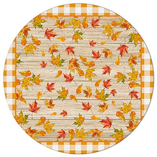 Round Area Rugs Fall Maple Leaf Thanksgiving Non-Slip Floor Carpets for Children Indoor Living Room Bedroom Playroom Floor Mats for Home Decor Kitchen Rustic Orange Plaid 6ft(72in)