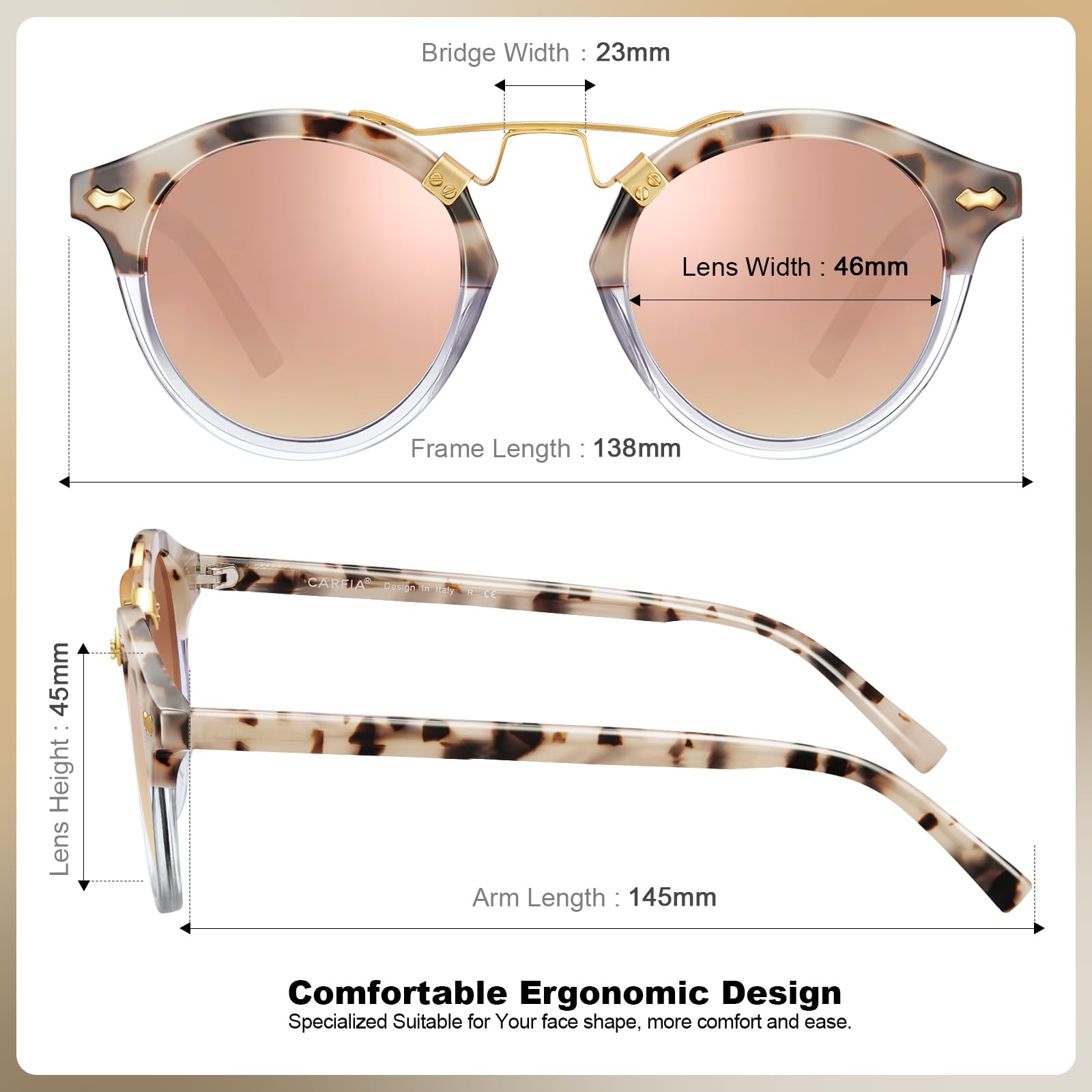 CARFIA Double Bridge Small Pink Mirrored Acetate Sunglasses for Women Polarized, Retro Metal Brow Lady Sunnies Round Eyewears
