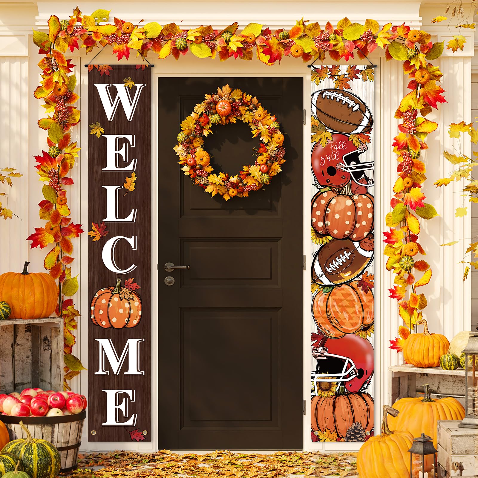 Fall Decorations Fall Welcome Porch Banner Decorations Indoor and Outdoor Autumn Farmhouse Football Pumpkin Welcome House Porch Sign Banners Decoration for Home Office Holiday