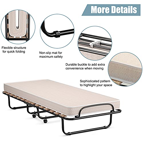 KOMFOTT Folding Rollaway Bed with Mattress, Foldable Bed with Memory Foam Mattress for Adults, Portable Fold Up Guest Bed with Sturdy Steel Frame on Wheels for Home & Office, Made in Italy (Beige)