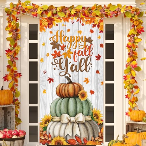 Fall Door Cover Happy Fall Yall Photo Backdrop Farmhouse Fall Autumn Thanksgiving Harvest Festival Decorations and Supplies for Home