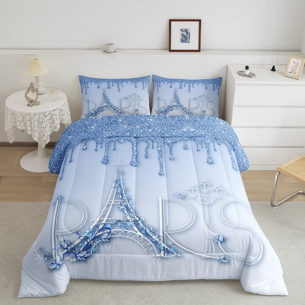 Paris Comforter Set Twin Size,Eiffel Tower Floral Quilt Set 2pcs for Kids Girls Women Boys Room Decor,Blue White Gradient Glitter Bedding Set Romantic Chic French Duvet Insert,1 Pillowcase